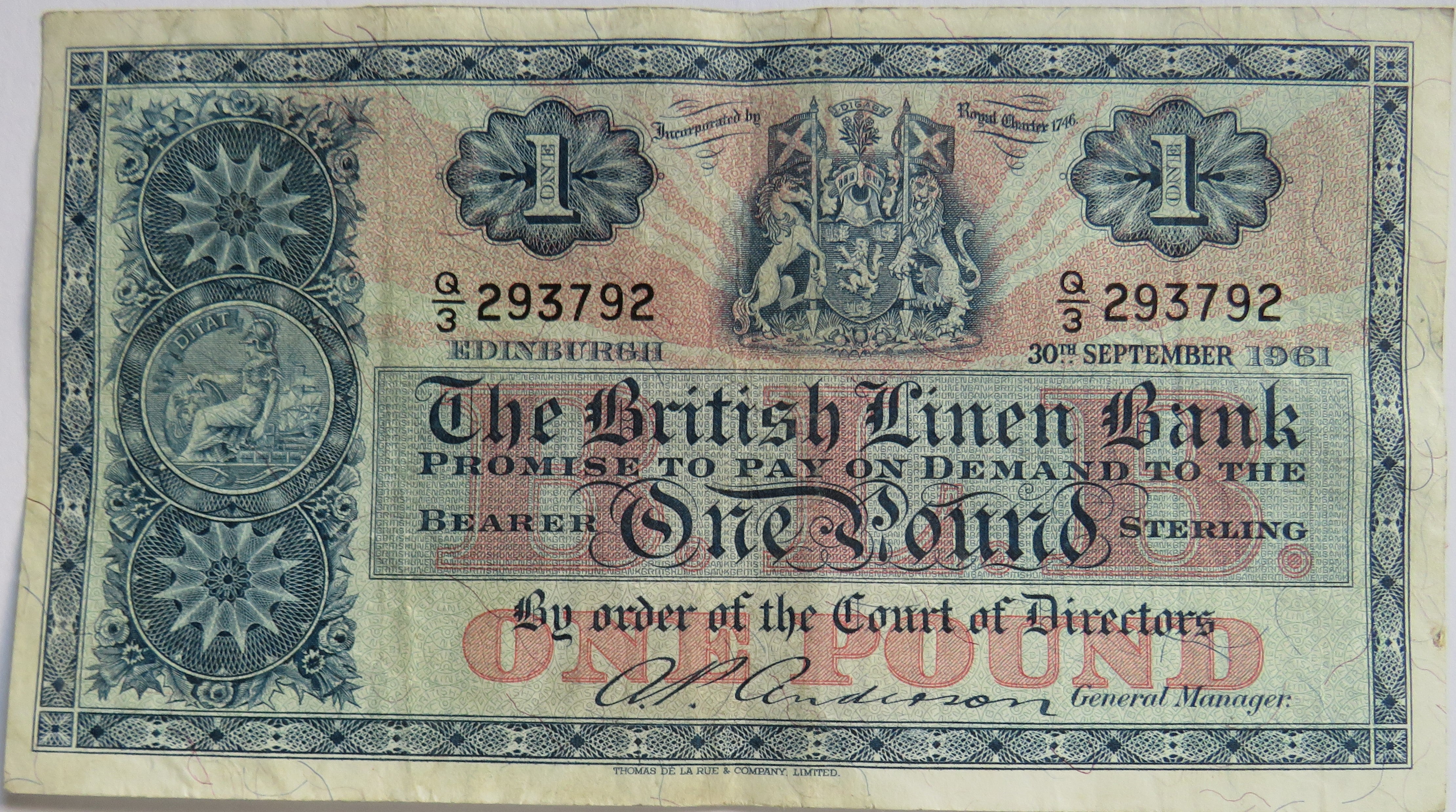 1961 The British Linen Bank £1 One Pound Banknote Q/3 – J.W.B Coins ...